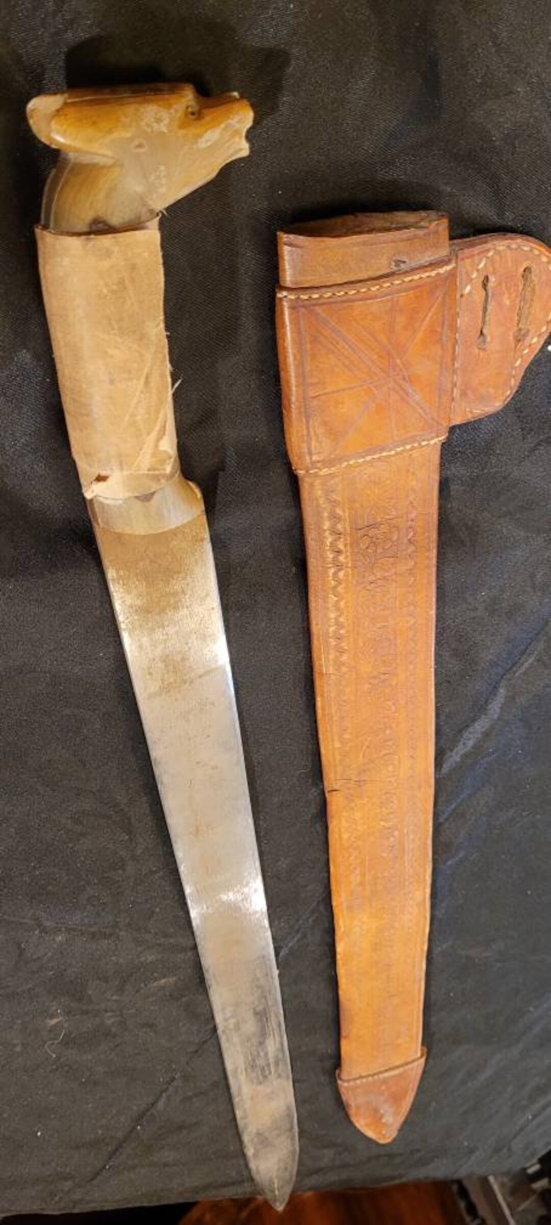 32" Long Sword With Carved Wolf Handle and Tooled Leather Sheath - Etsy