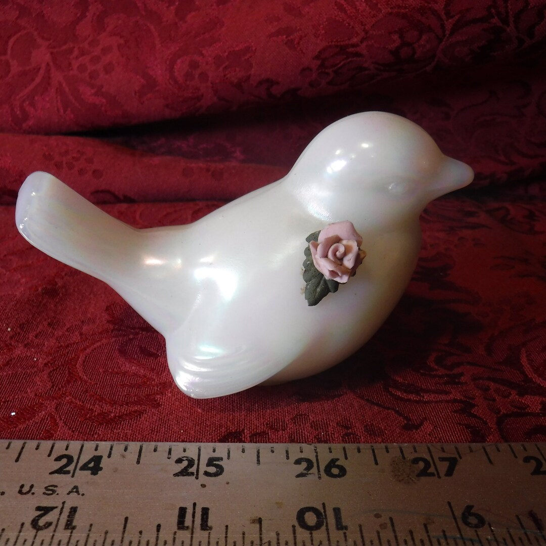Fenton White Iridescent Small Bird With Pink Rose - Etsy