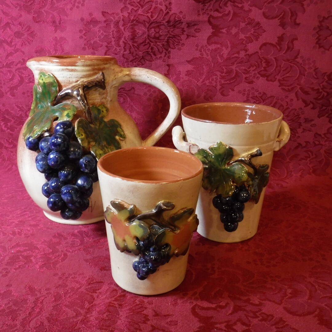 French Redware Pottery Applies 3D Grapes to Pitcher, and 2 Glasses ...