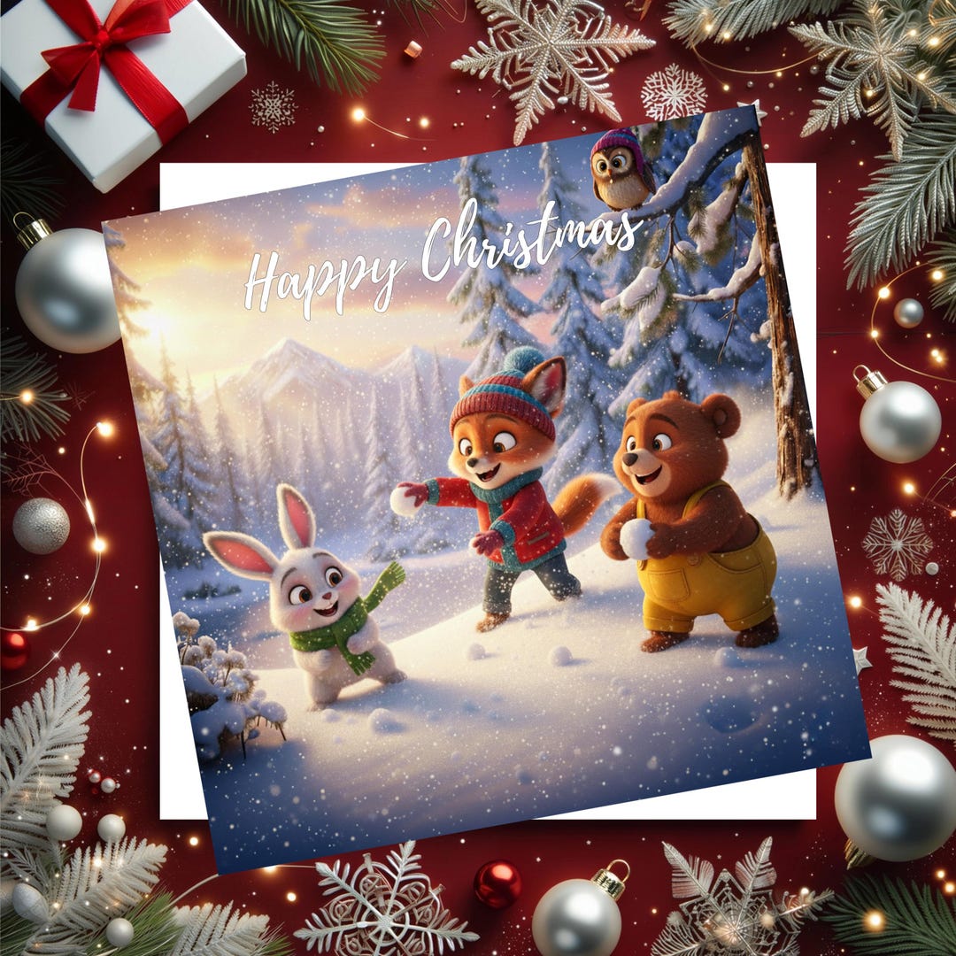 Christmas Card, Fox and Friends, Snowball Fight, Digital Download ...