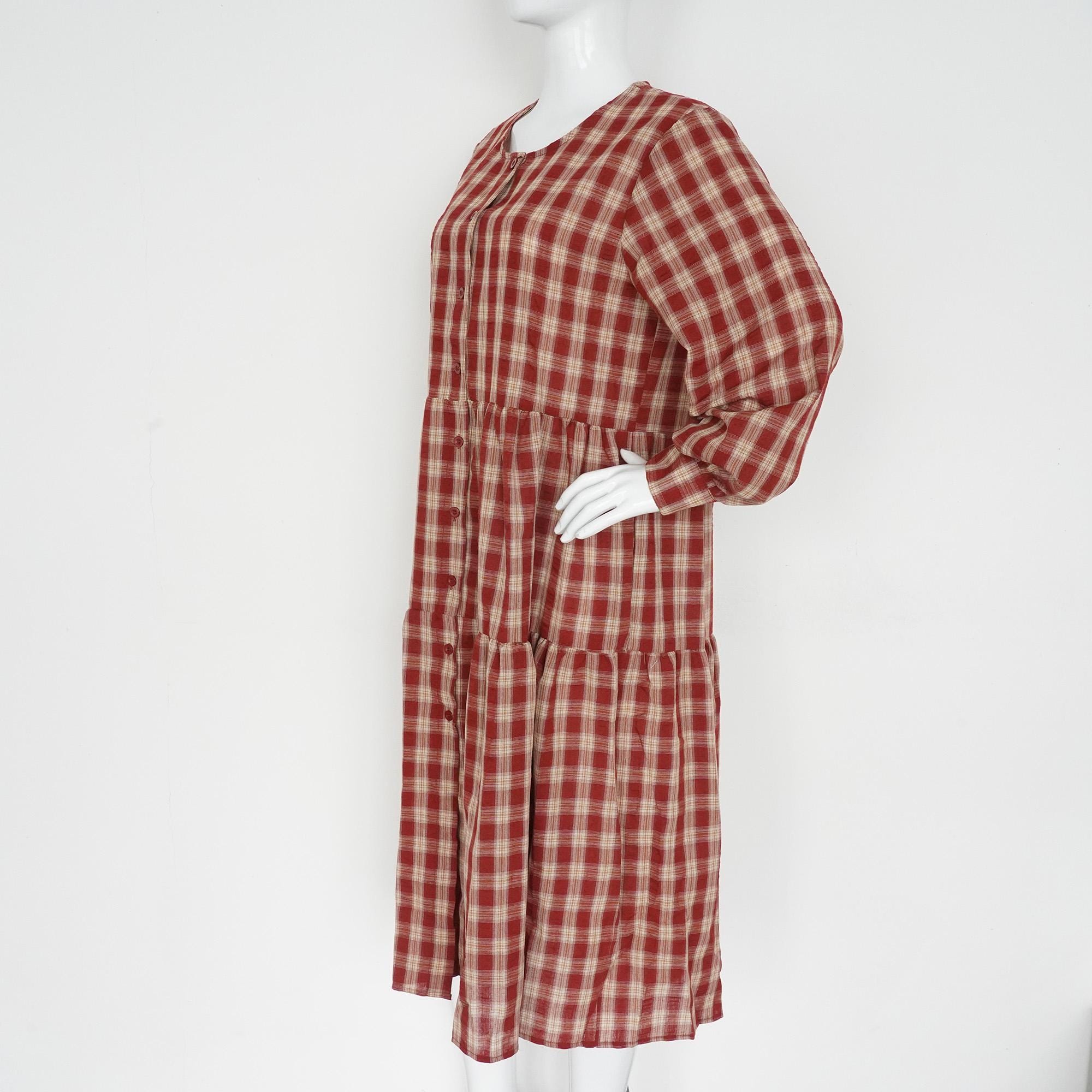 Women's Plaid Midi Dress | Long-sleeved A-line Button-down Front ...