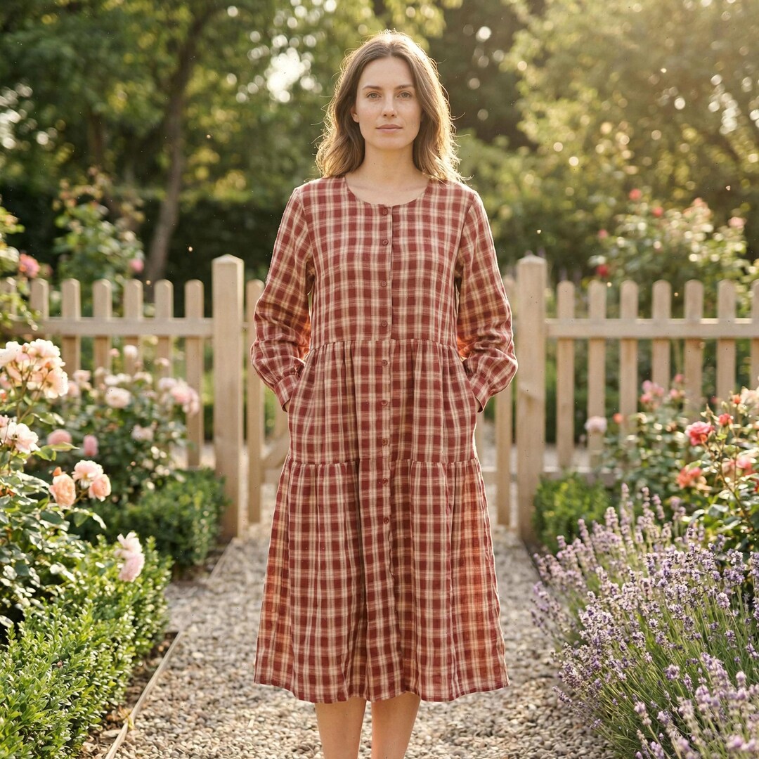 Women's Plaid Midi Dress | Long-sleeved A-line Button-down Front ...