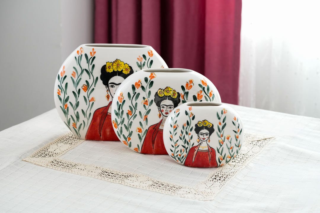 Frida Kahlo-inspired Ceramic Vase - Hand-painted Floral Design, Unique ...