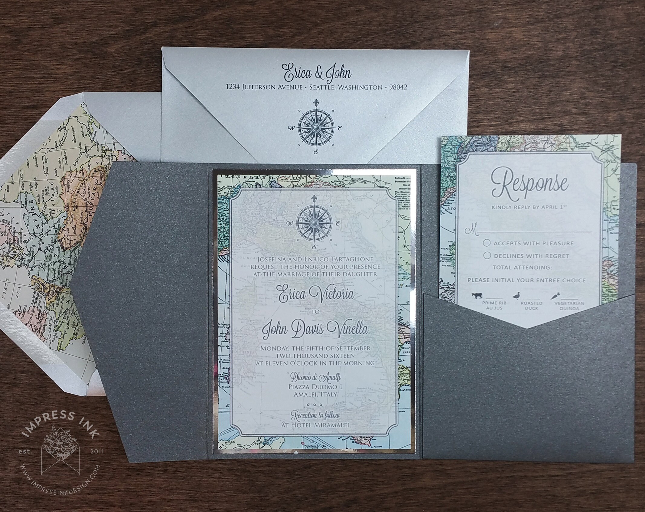Vintage Map Wedding Invitation Sample Nautical Compass Travel Theme ...