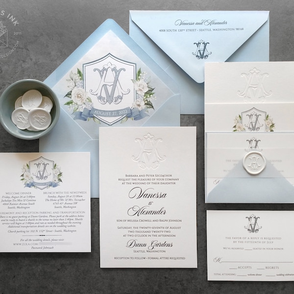 Dusty Blue Wedding Invitation Download Template Crest Monogram - Etsy