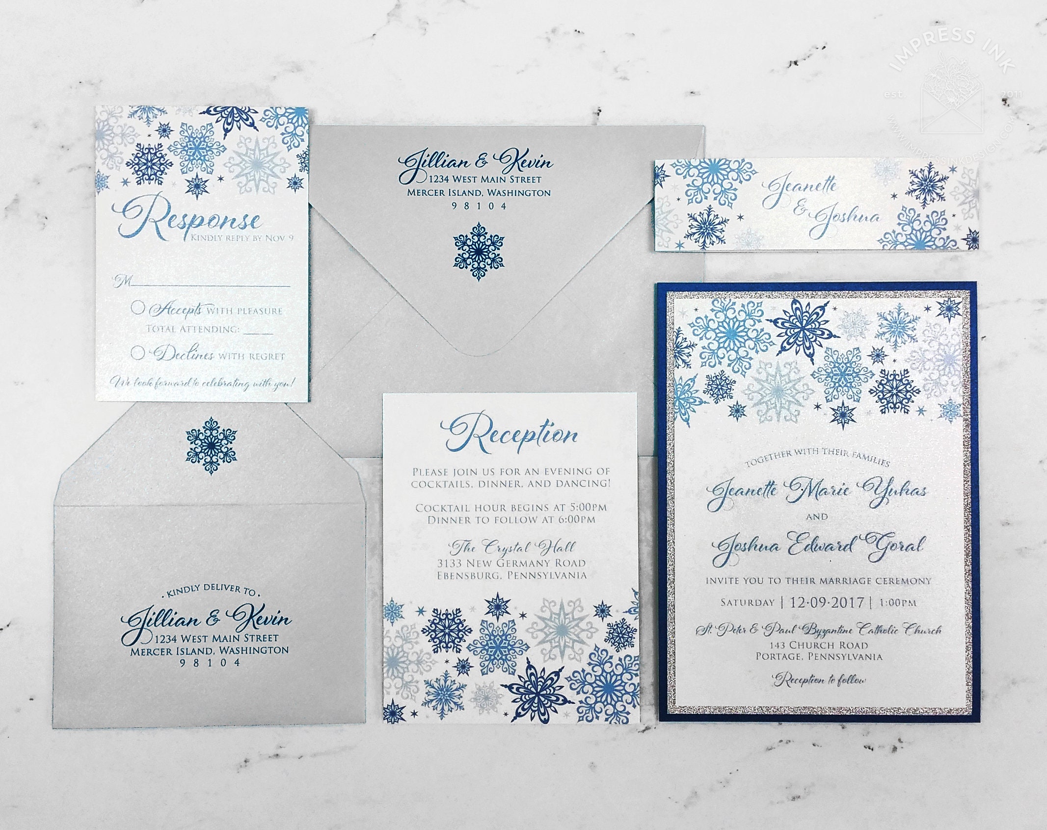Snowflakes Wedding Invitation Sample Flat or Pocket Fold Style - Etsy