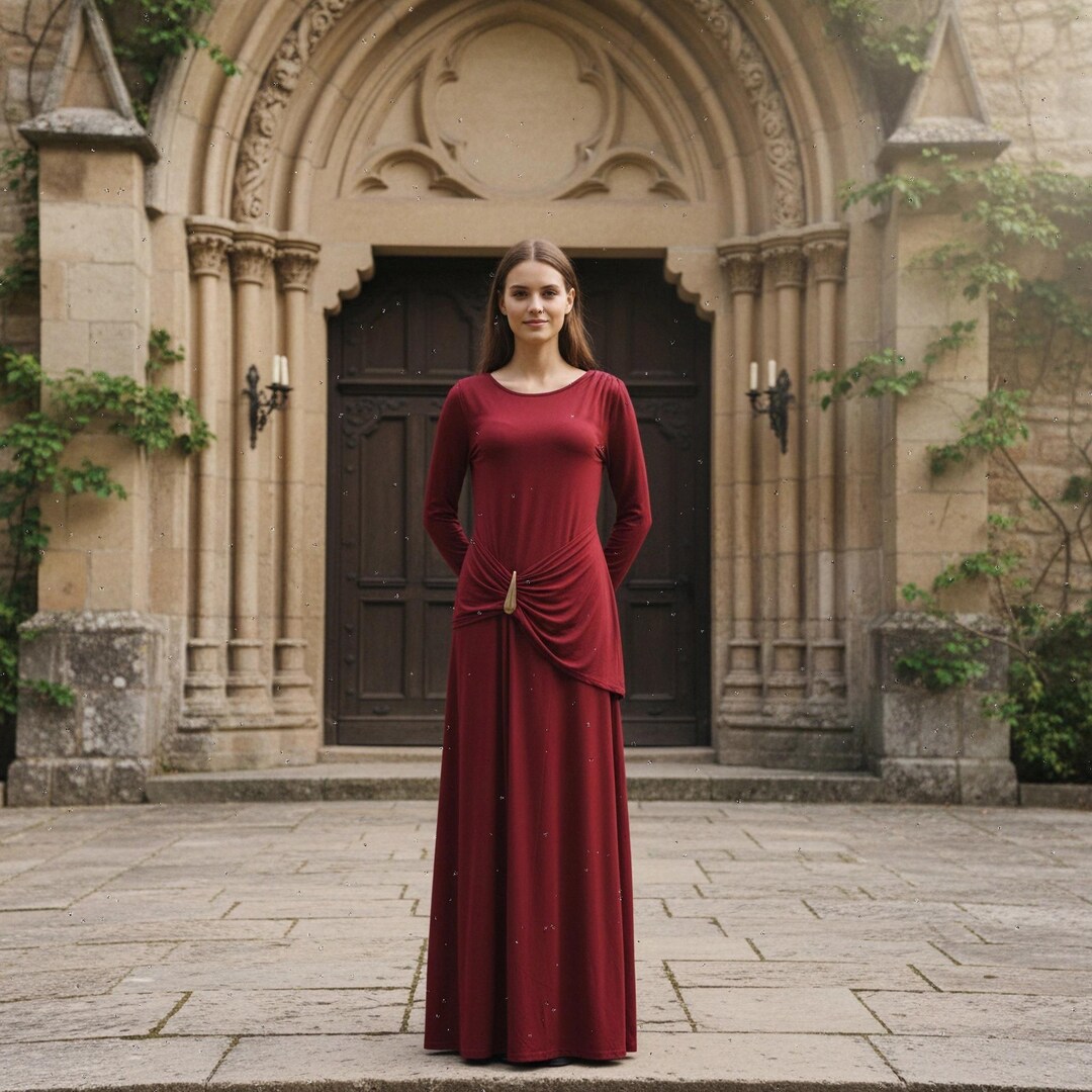 Asymmetrical Draped Maxi Dress With Gold Accents | Long-sleeved High ...