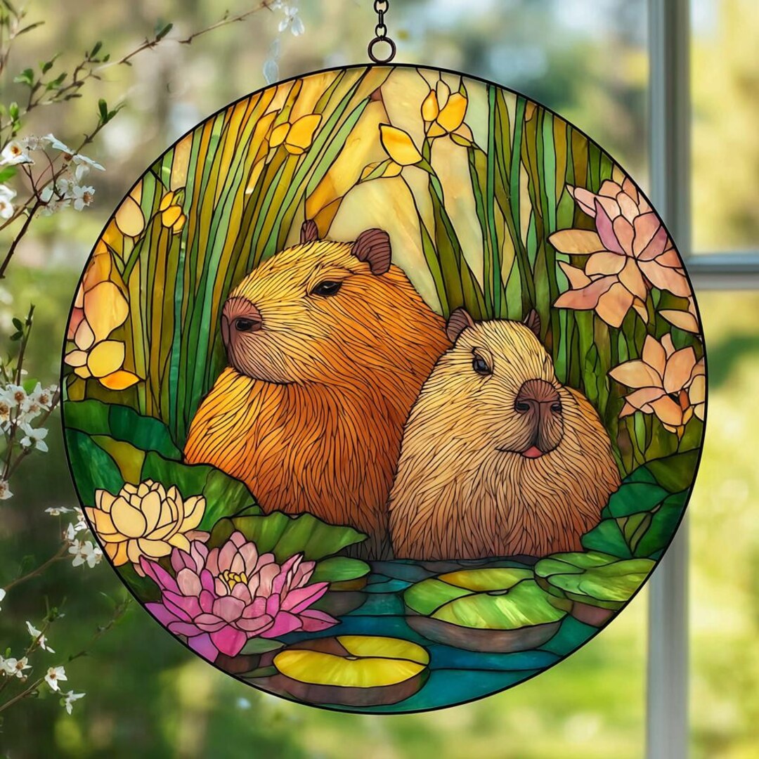 Funny Couple Capybara Acrylic Suncatcher, Chill Animal Meme Gift, Lotus ...