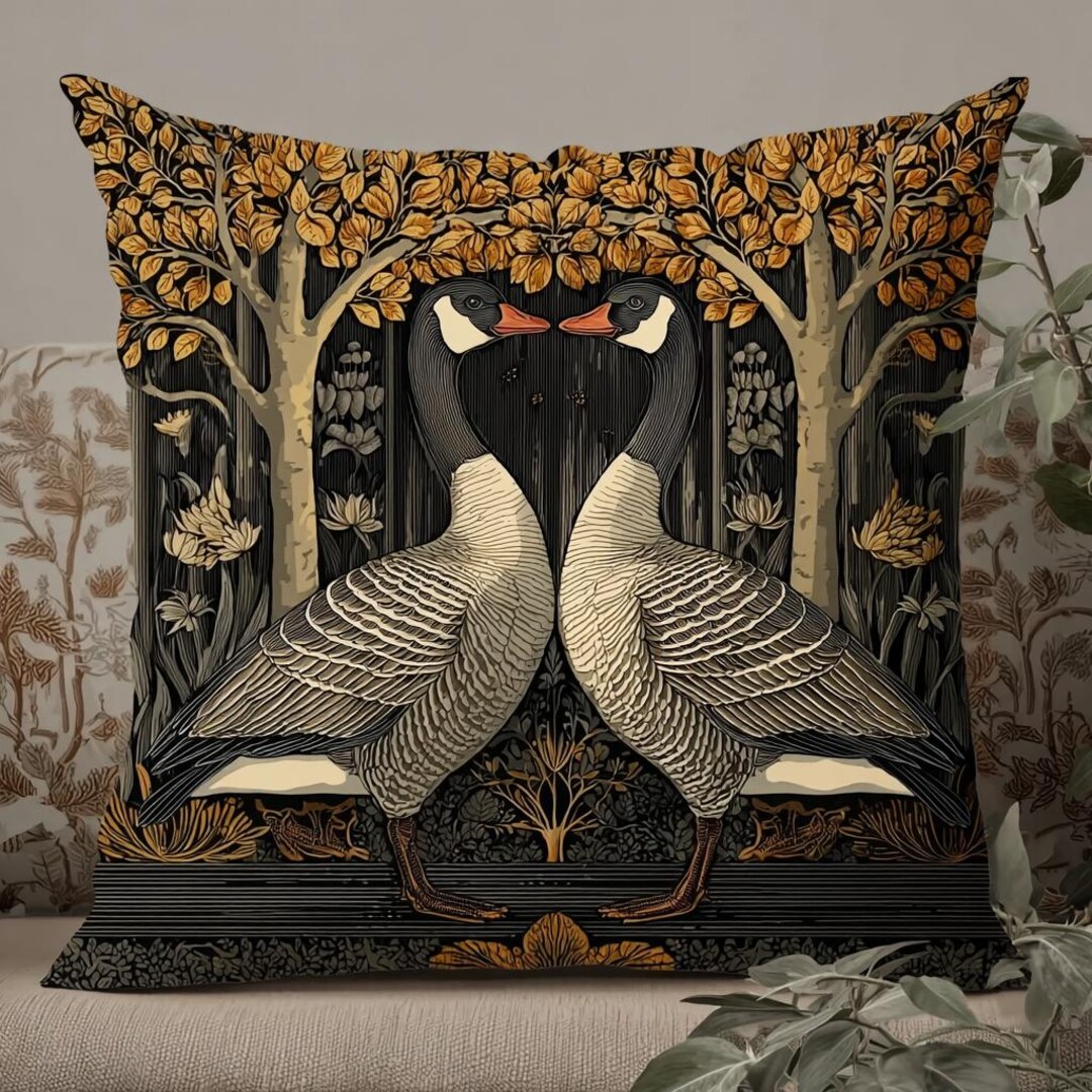 William Morris Inspired Geese Pillow Cover, Linocut Canada Goose ...