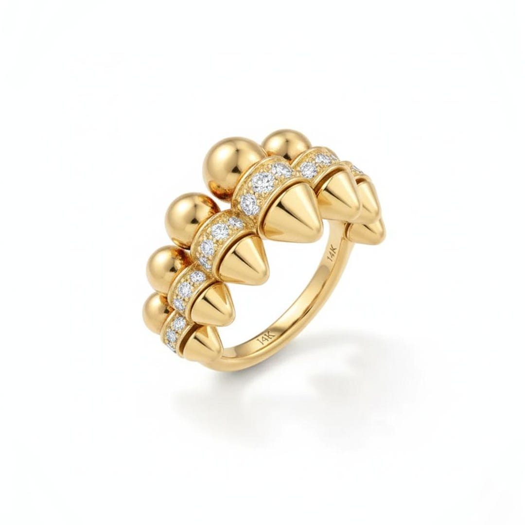 14K Gold Diamond-studded Spike Ring Edgy Sculptural Statement Band ...