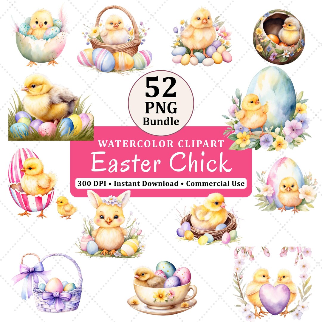 52 Watercolor Easter Chick Clipart Bundle, Cute Baby Chick PNG, Easter ...