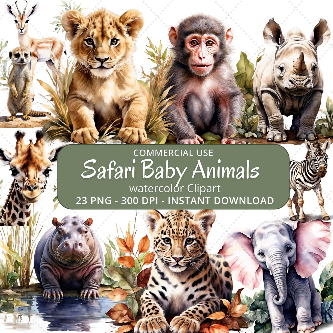 23 PNG Watercolor Safari Baby Animals Clipart Bundle – Jungle Nursery ...