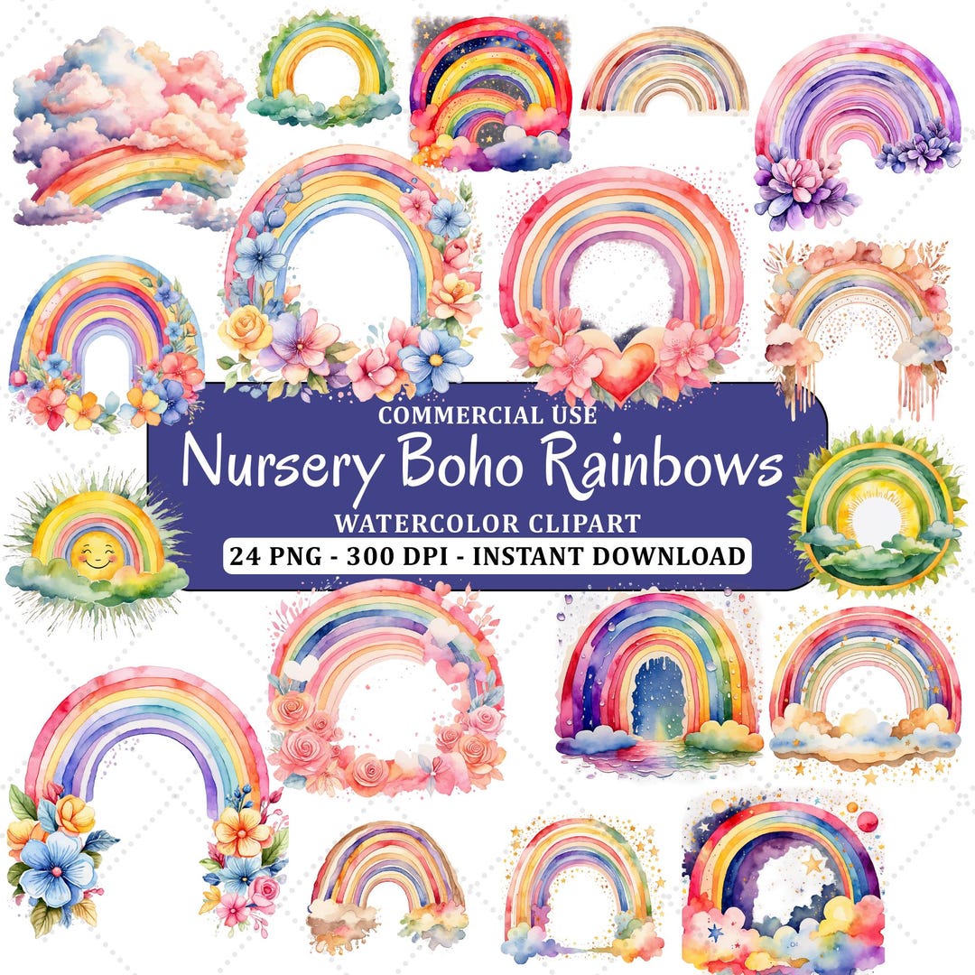 24 Watercolor Nursery Boho Rainbows Clipart Bundle, Pastel Rainbow PNG ...