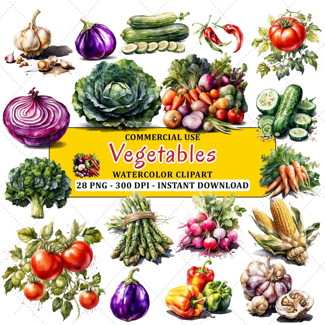 28 Watercolor Vegetables Clipart Bundle PNG, Fresh Farm Veggies ...