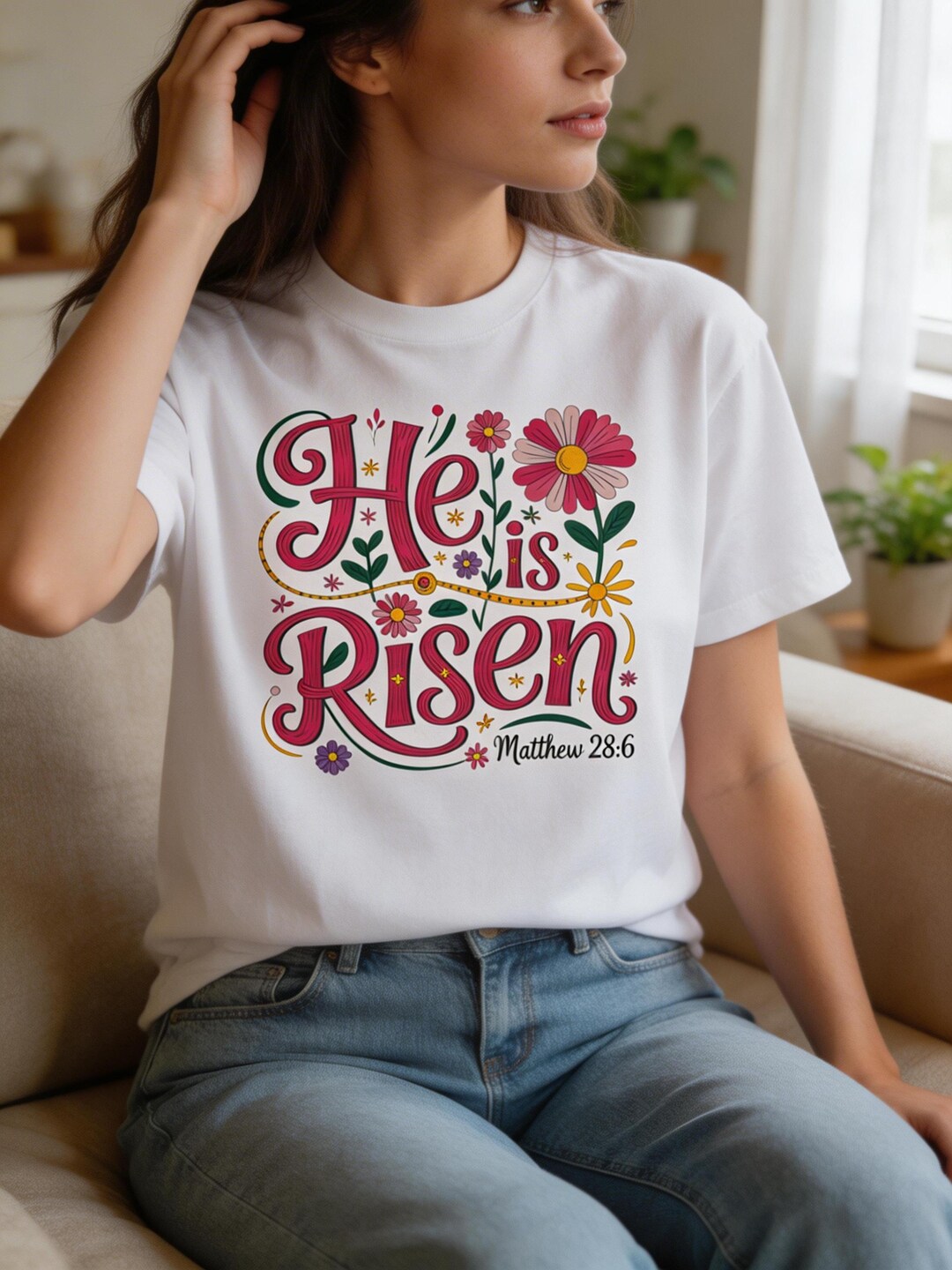 He is Risen Floral T Shirt, Matthew 28:6 Bible Verse Tee, Religious ...