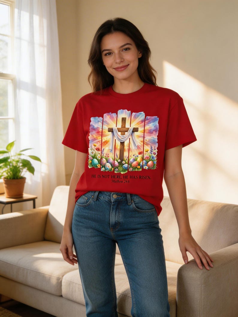 Christian Easter T Shirt, He is Risen Cross Tee, Matthew 28:6 Faith ...