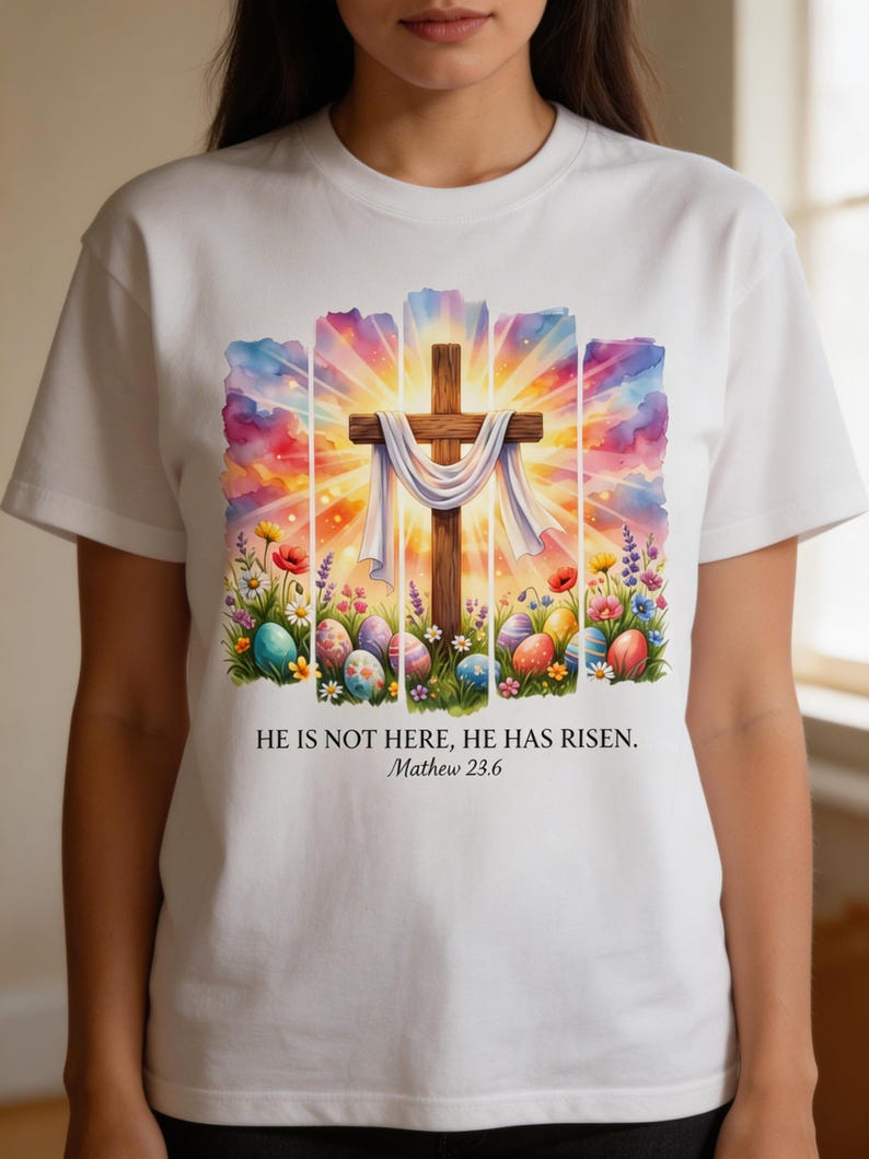 Christian Easter T Shirt, He is Risen Cross Tee, Matthew 28:6 Faith ...