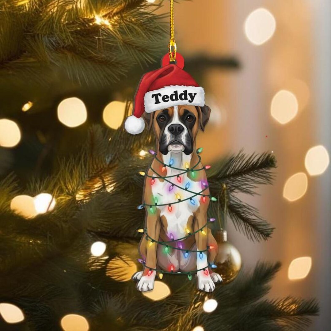 Personalized Boxer Dog Ornament | Custom Teddy Name Christmas Lights ...