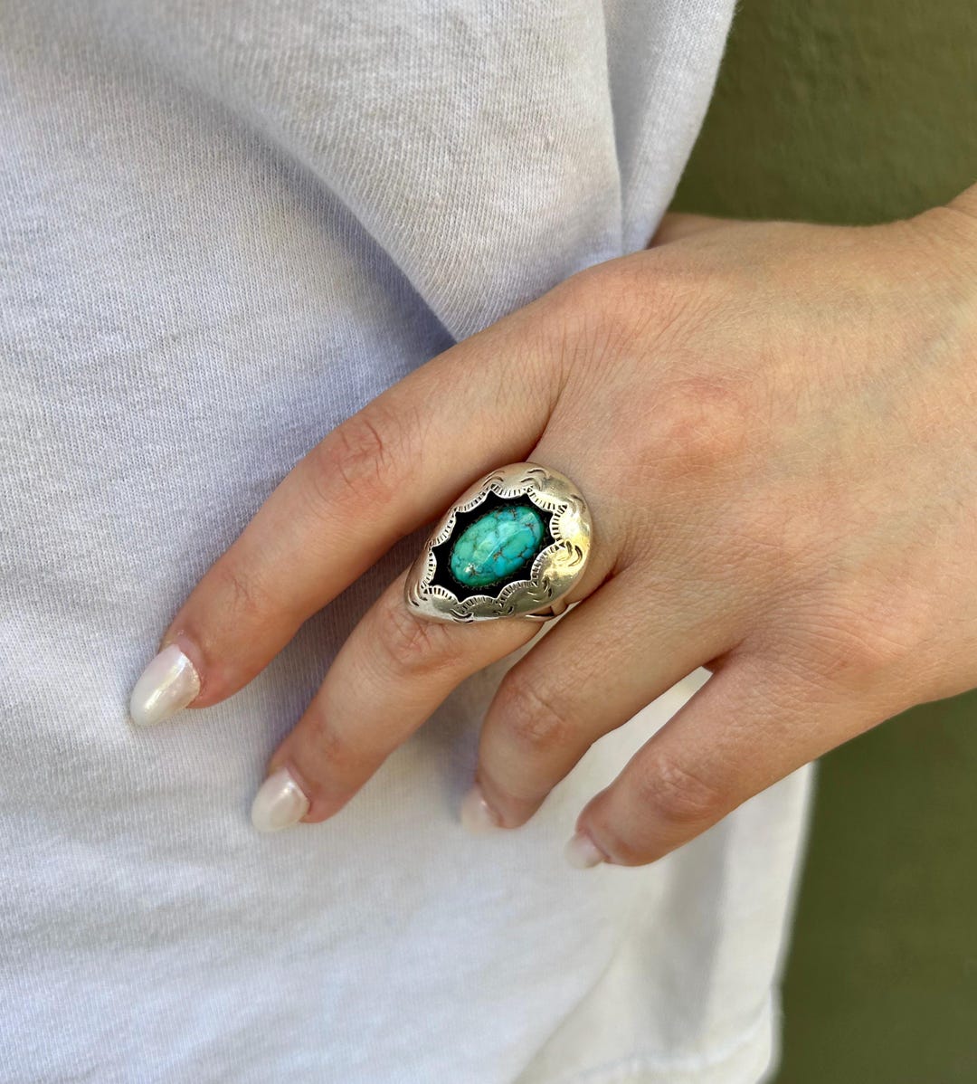 Vintage 1980s Navajo Shadowbox Oval Turquoise Ladies Chief Dodge Ring ...