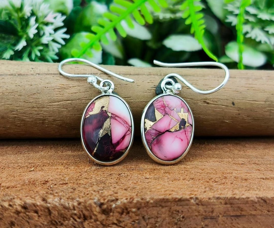 Pink Spiny Oyster Turquoise Dangle Earrings: 925 Sterling Silver ...
