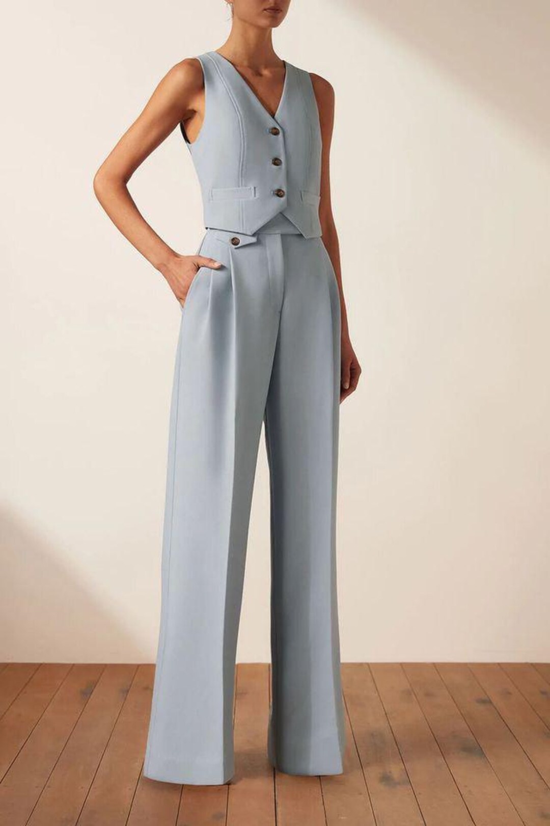 Classic Slim Fit Sky Blue 2pc Vest & Trouser for Women- Elegant, Modern ...
