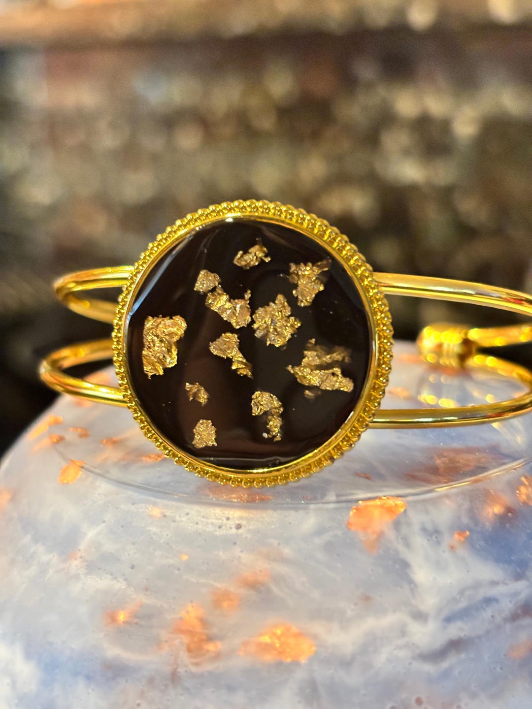 Black and Gold Resin Cuff Bracelet, Gold Leaf Bangle, Elegant ...