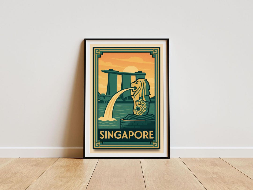 Singapore Travel Poster - Art Deco Merlion Print, Vintage Marina Bay ...