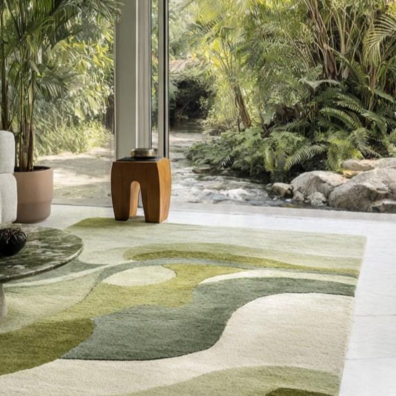 Moss Green Rug Handmade Hand-tufted Green Abstract Wool Area Rug ...