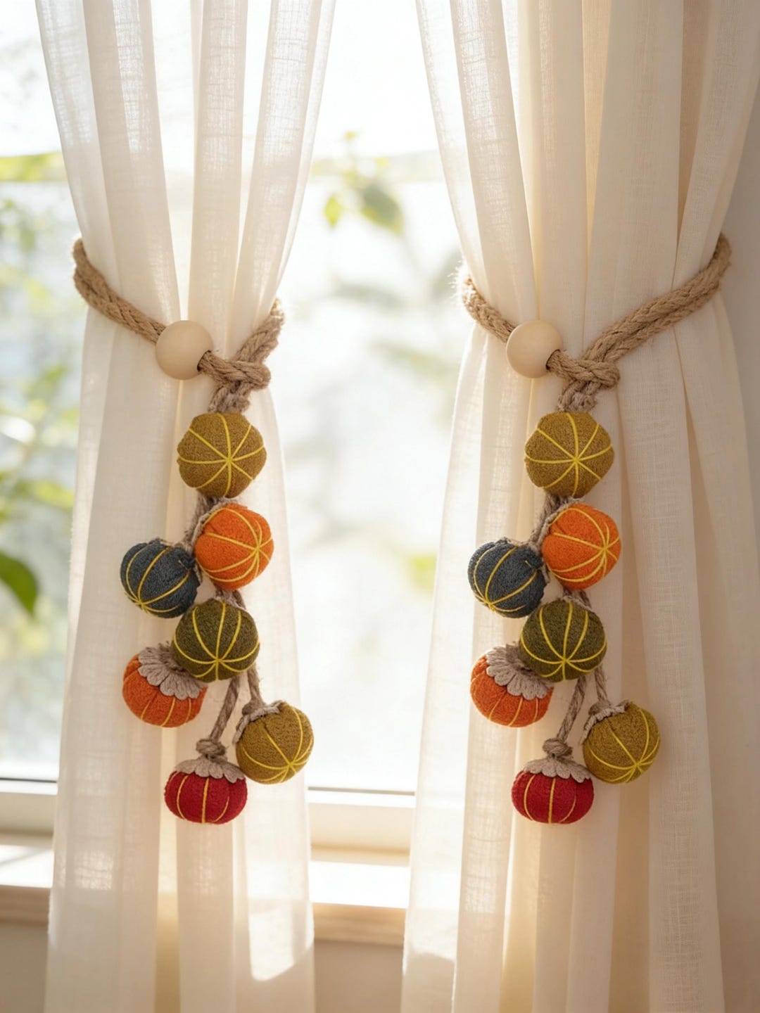 Bohemian Curtain Tiebacks Set of 2, Handmade Fabric Pumpkin Curtain ...