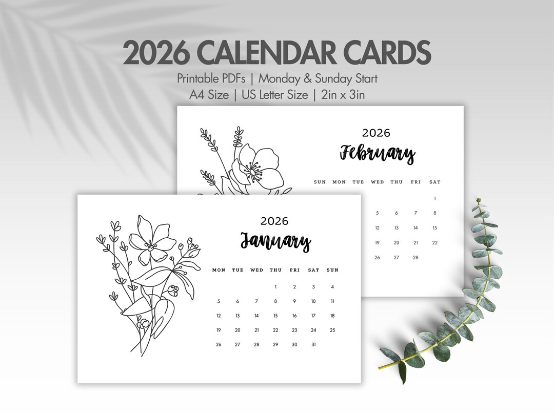 Printable Calendar Cards 2026 | 2x3 Mini Cards | A4 & US Letter ...