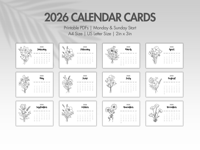 Printable Calendar Cards 2026 | 2x3 Mini Cards | A4 & US Letter ...