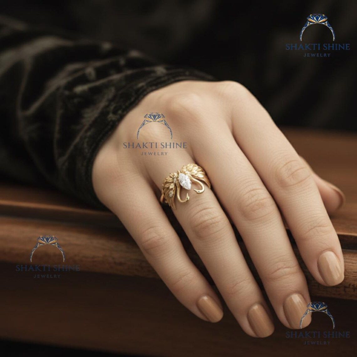 Swan Motif Marquise Cut Moissanite Ring, Yellow Gold Sculpted Nature ...