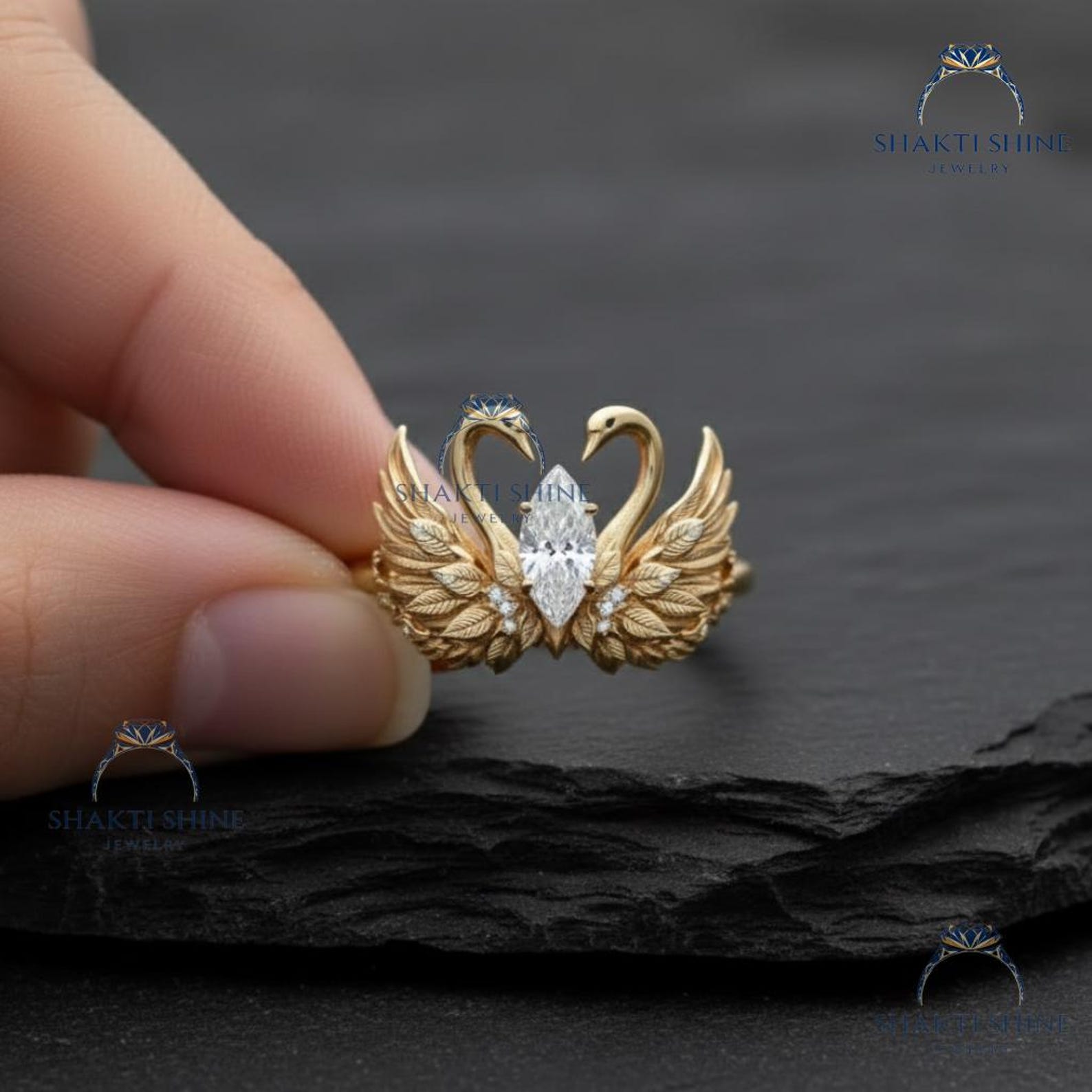 Swan Motif Marquise Cut Moissanite Ring, Yellow Gold Sculpted Nature ...