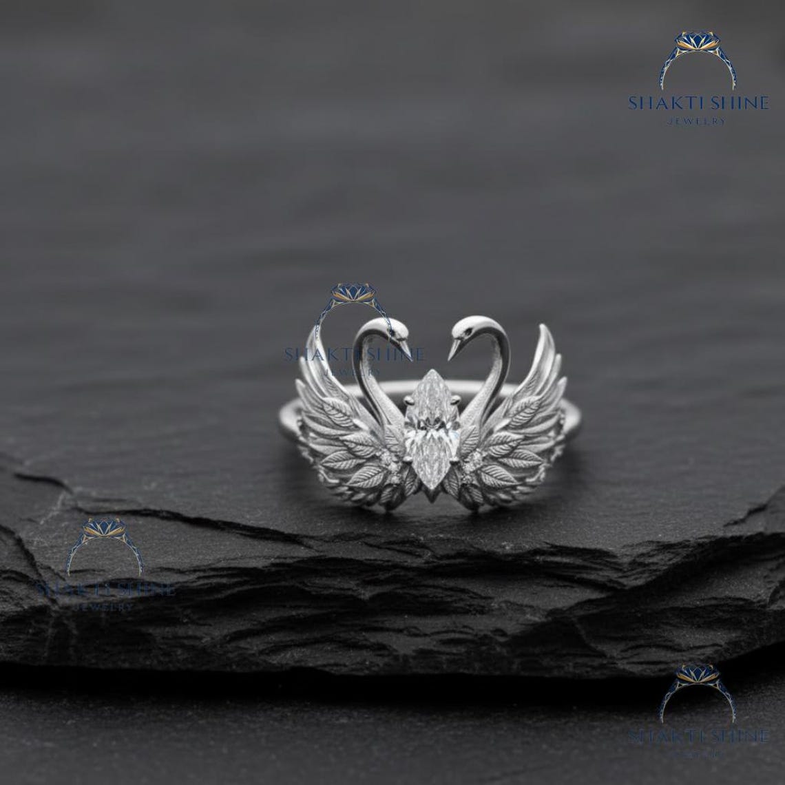Swan Motif Marquise Cut Moissanite Ring, Yellow Gold Sculpted Nature ...