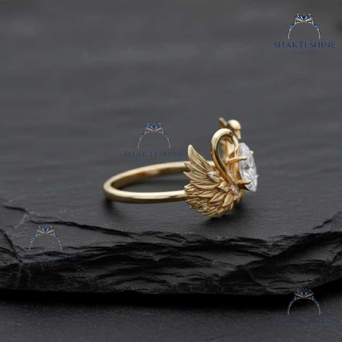 Swan Motif Marquise Cut Moissanite Ring, Yellow Gold Sculpted Nature ...