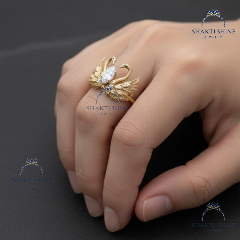 Swan Motif Marquise Cut Moissanite Ring, Yellow Gold Sculpted Nature ...