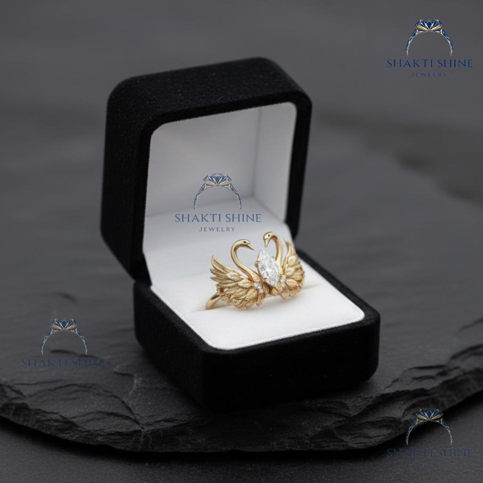Swan Motif Marquise Cut Moissanite Ring, Yellow Gold Sculpted Nature ...