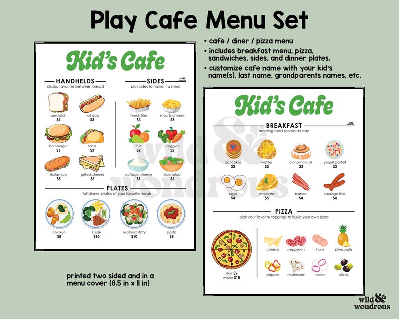 Kid Friendly Play Cafe Menus Set - Etsy