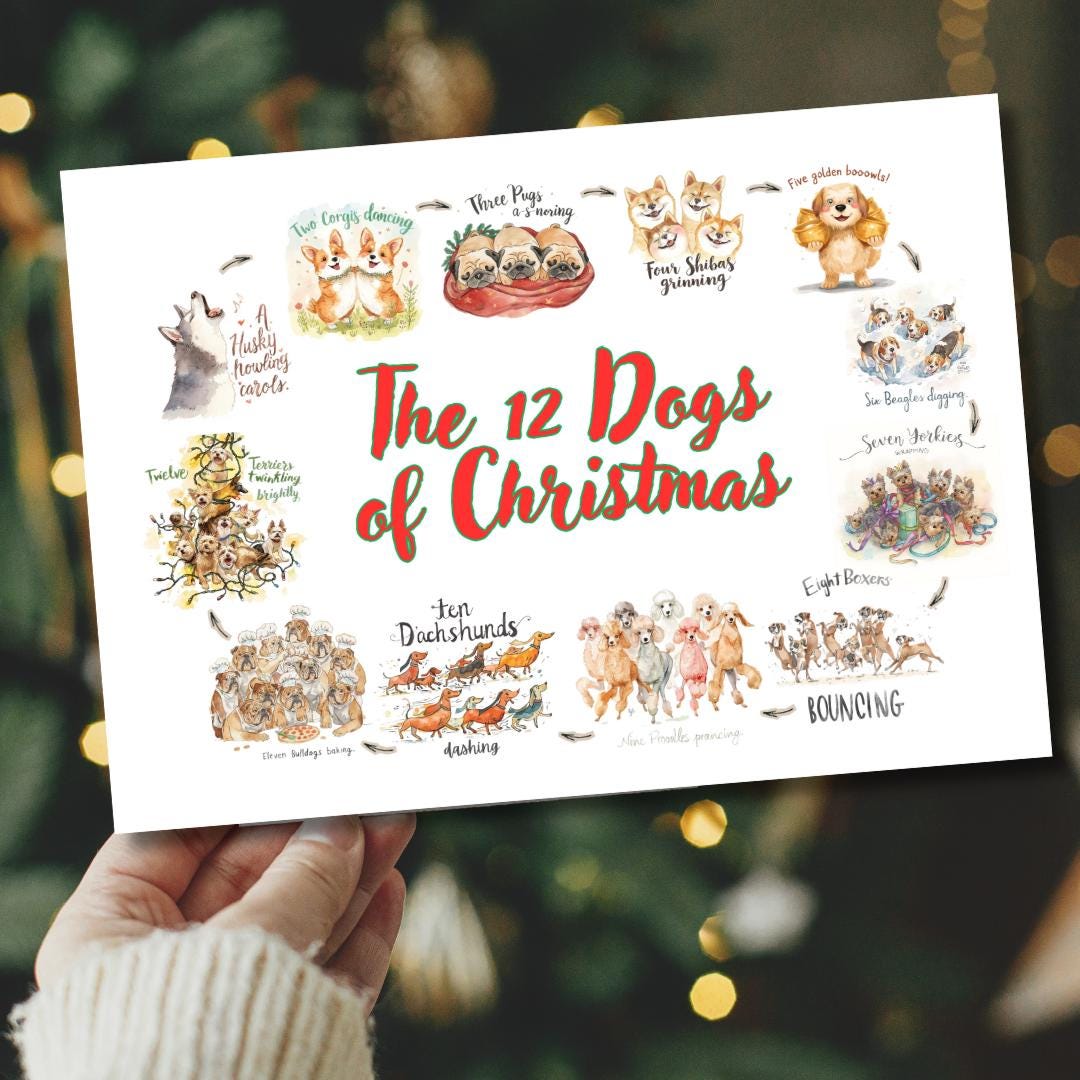 The Twelve Dogs of Christmas - Printable Card Set | Dog Lover Gift ...