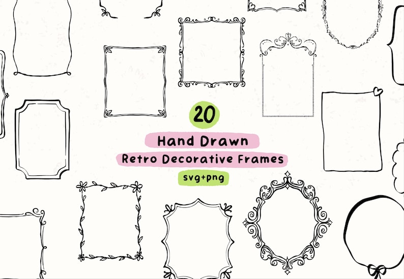 Vintage Hand-drawn Frames Clipart, 20 Doodle Borders PNG & SVG, Retro ...
