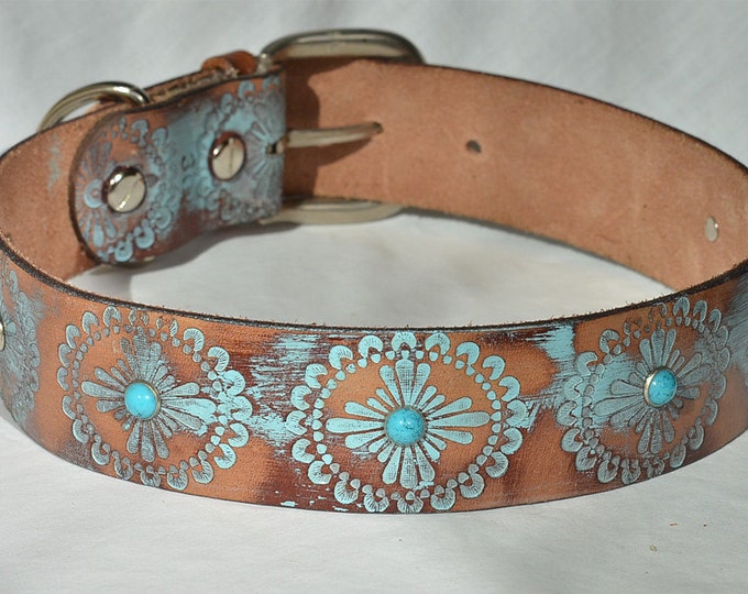 Turquoise Leather Dog Collar, Turquoise Western Dog Collar, Custom ...