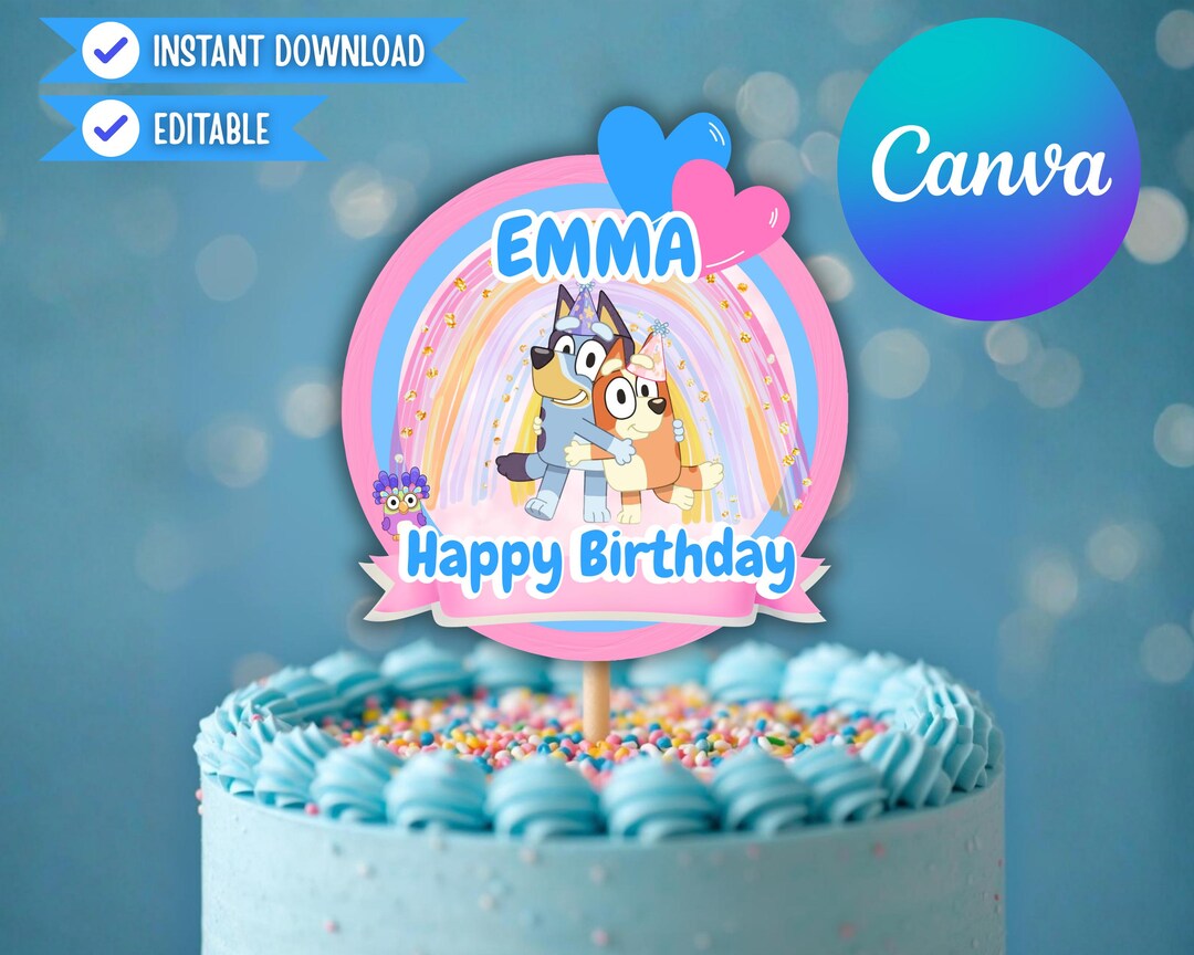 Cake Topper Blue Dog Theme, Birthday Decor, Cake Kid Birthday, Digital ...