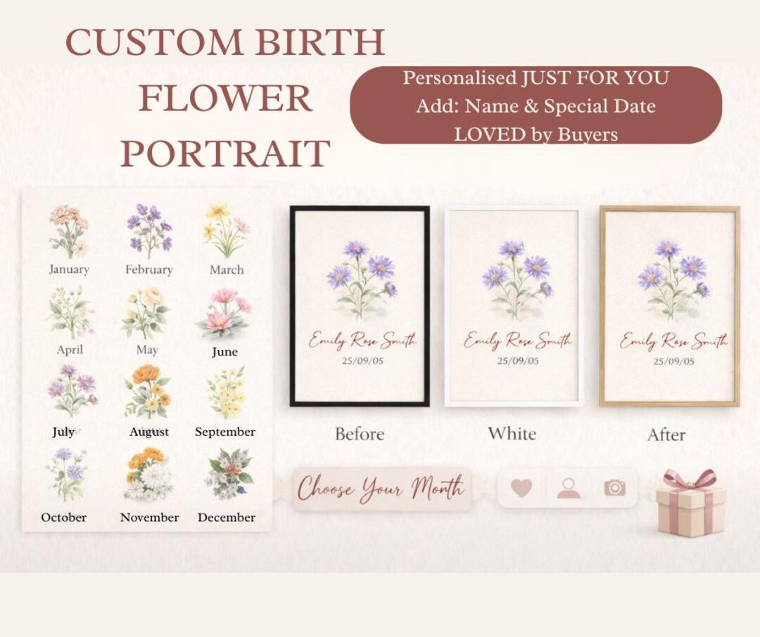 Personalized Birth Flower Portrait | Custom Floral Design - Etsy