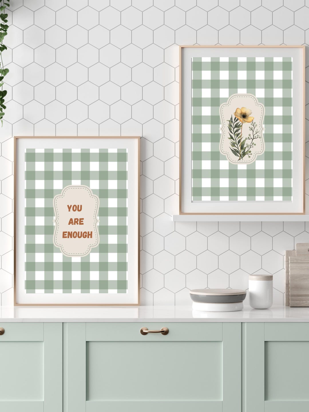 Green Gingham Floral Print Set, Farmhouse Kitchen Decor (digital ...