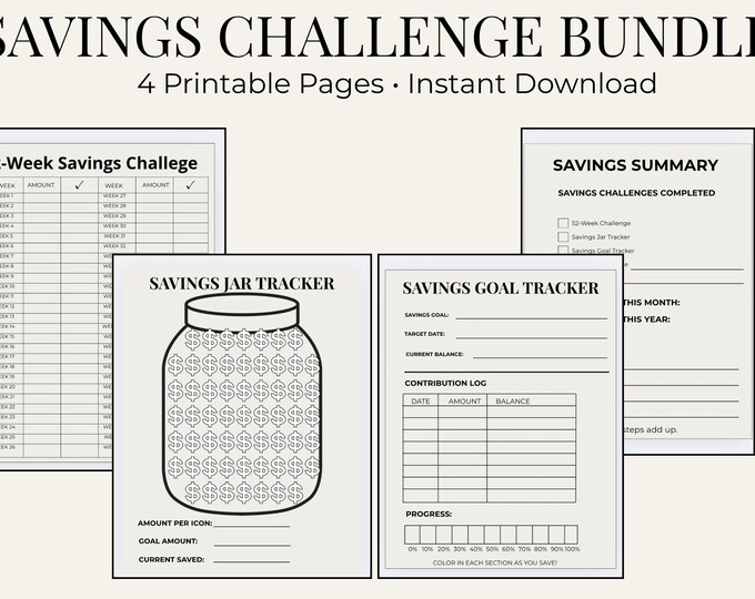 Savings Challenge Bundle | 4 Printable Savings Trackers | 52-week ...