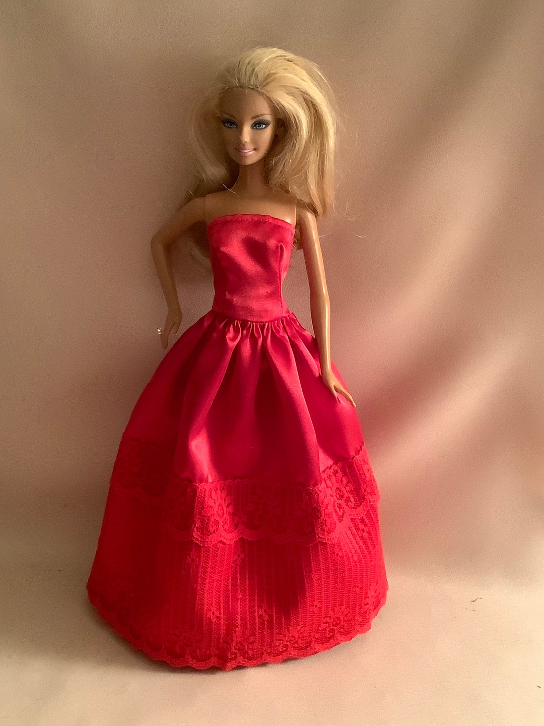 Handmade Fashion Doll Clothes-red Satin With Lace Trimmed Skirt Gown ...