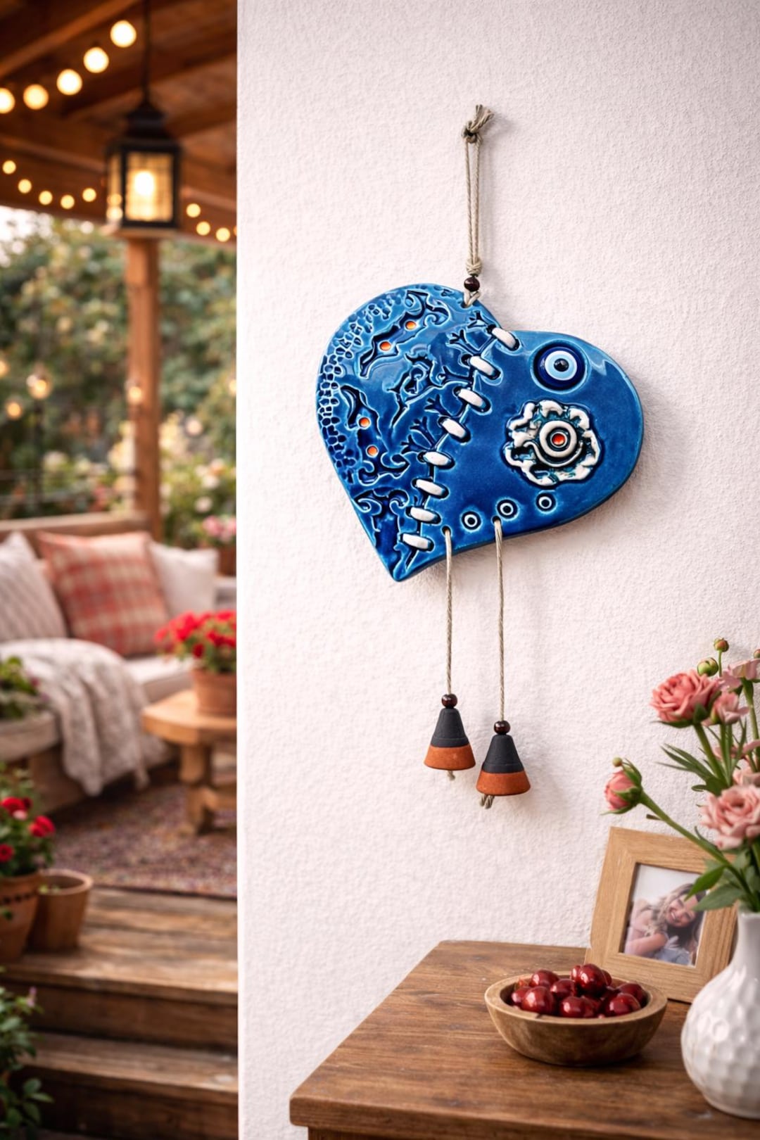 Blue Ceramic Heart Wall Decor With Evil Eye – Handmade Modern Hanging ...