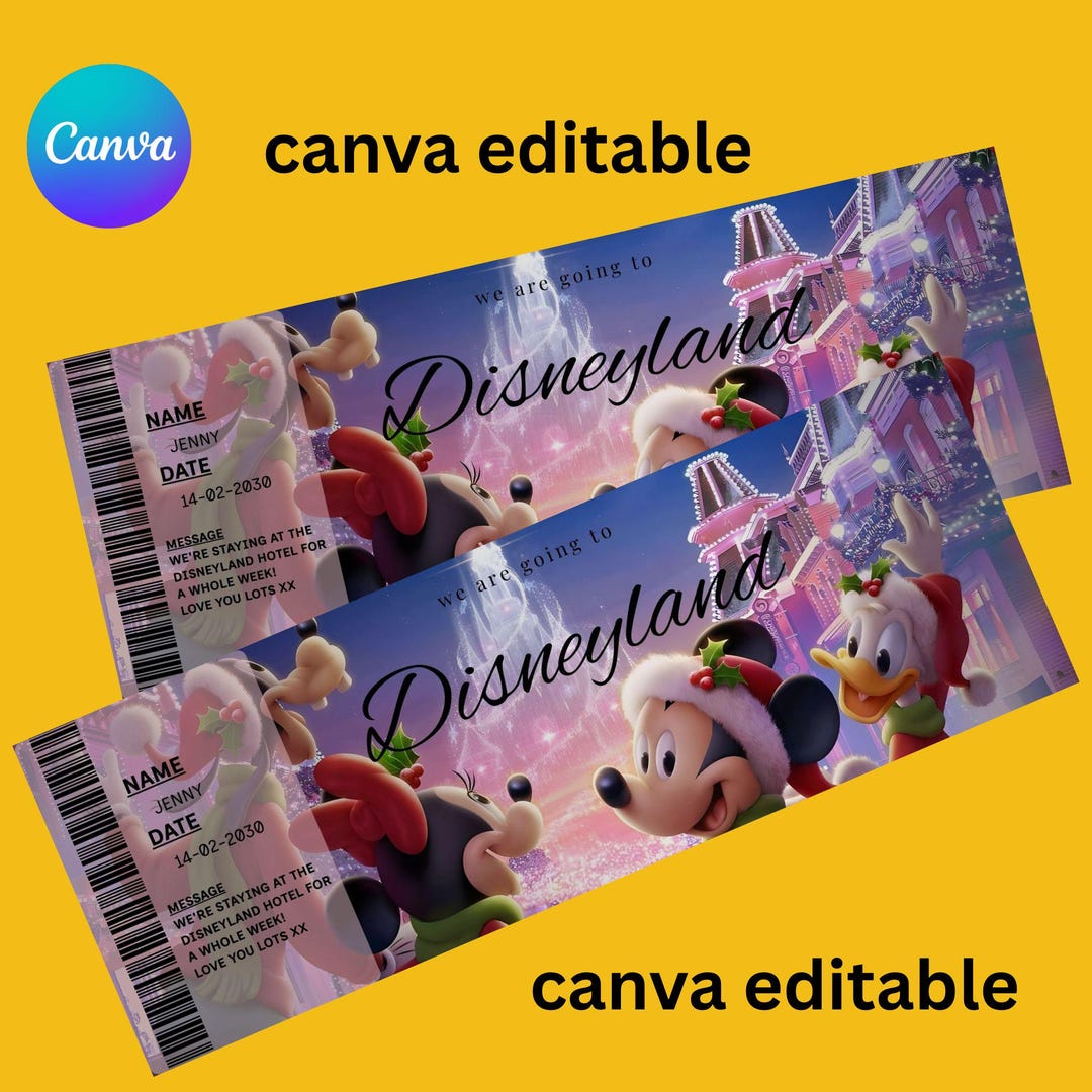 Theme Park Trip Reveal Ticket | Cartoon Boarding Pass, Editable Canva ...