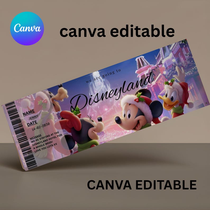 Theme Park Trip Reveal Ticket | Cartoon Boarding Pass, Editable Canva ...