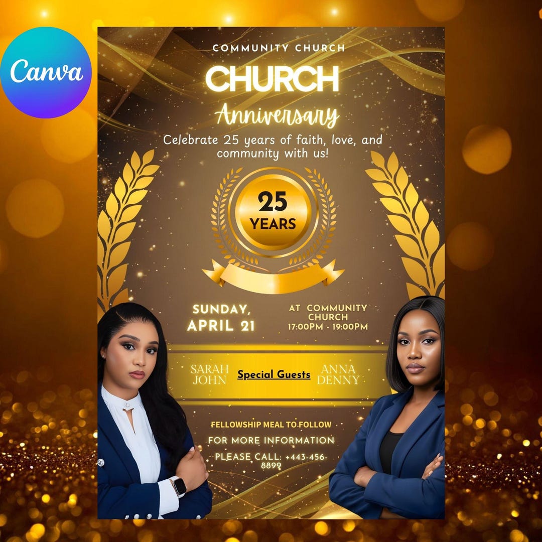 25th Church Anniversary Flyer Template | Gold Celebration, Canva ...